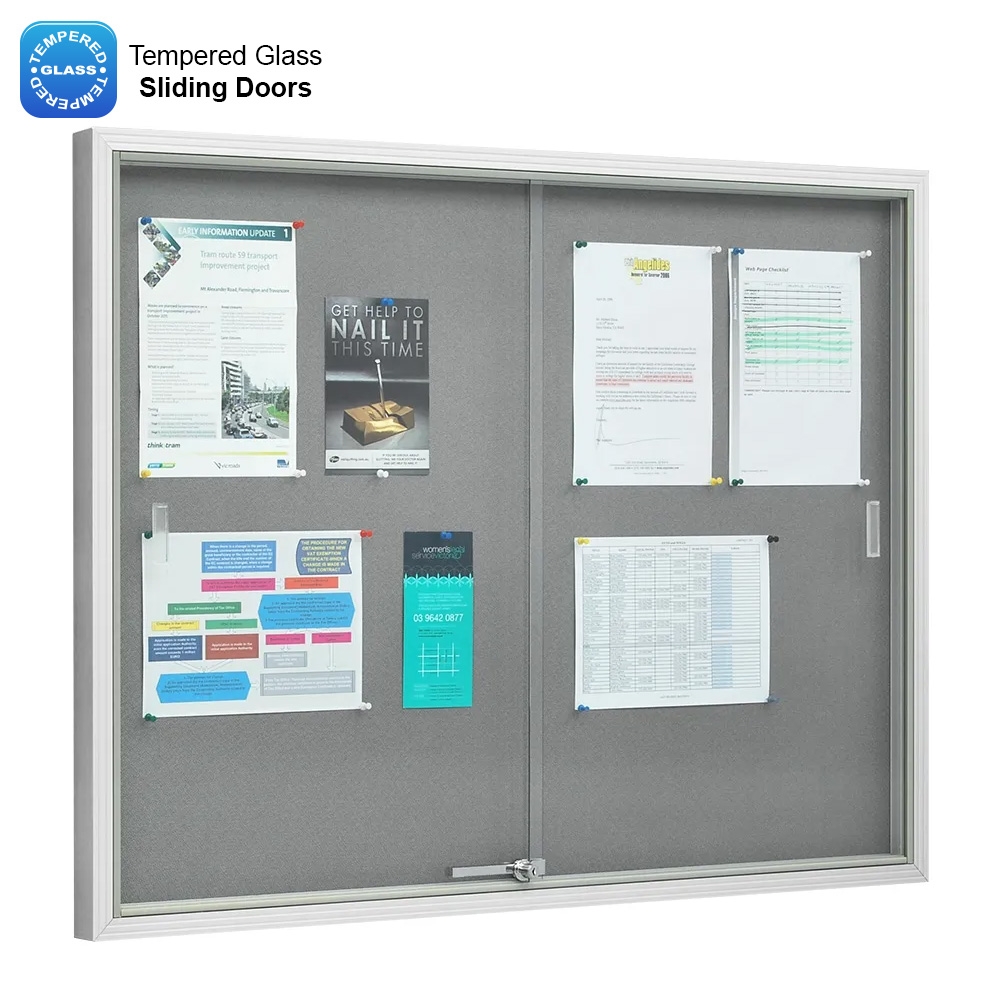A Fabric Pinboard has a Light Grey Backing Surrounded by a Silver Frame!