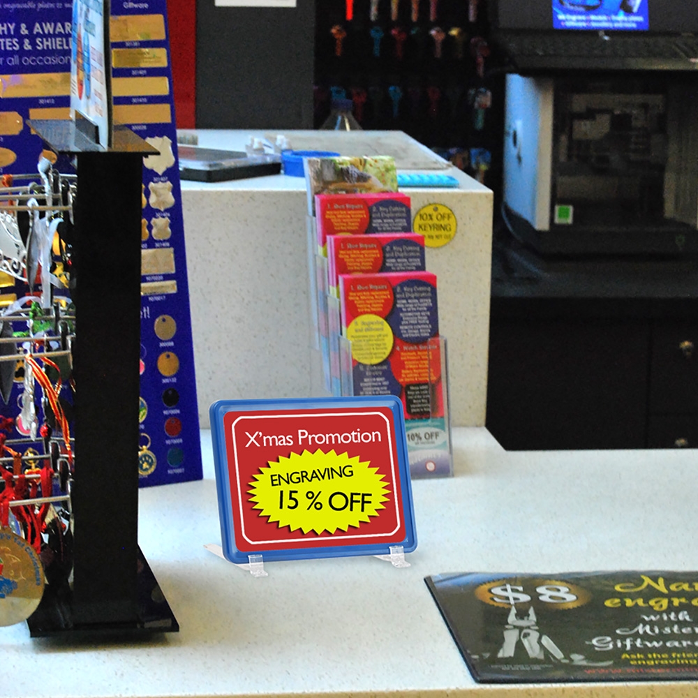 Blue A5 POS Sign with Plastic Angled Feet for Easy Reading