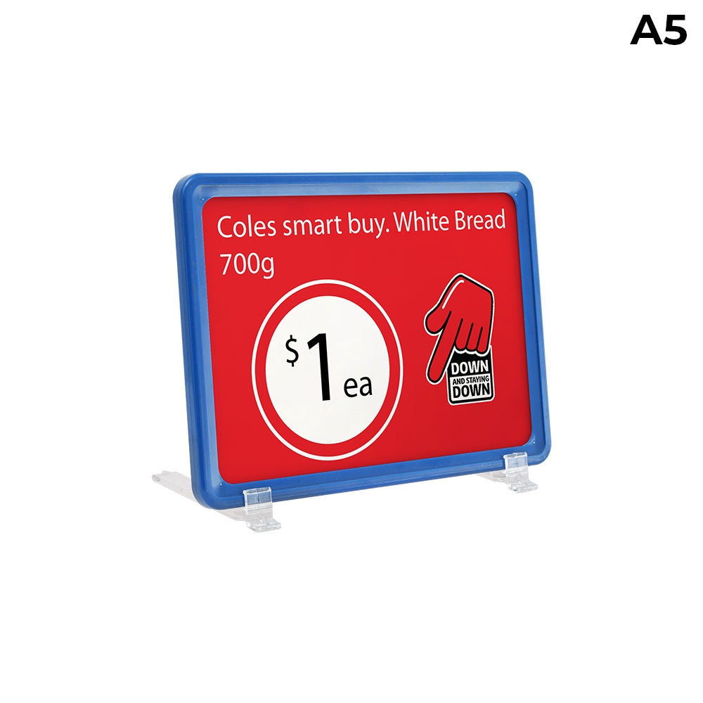 Blue A5 POS Sign with Plastic Angled Feet for Easy Reading