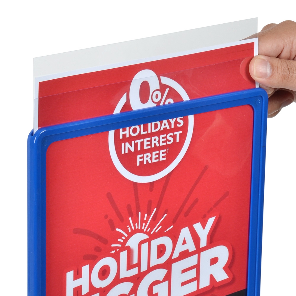 Shelf Sign in Blue A4 Graphics Holder with Shovel Base