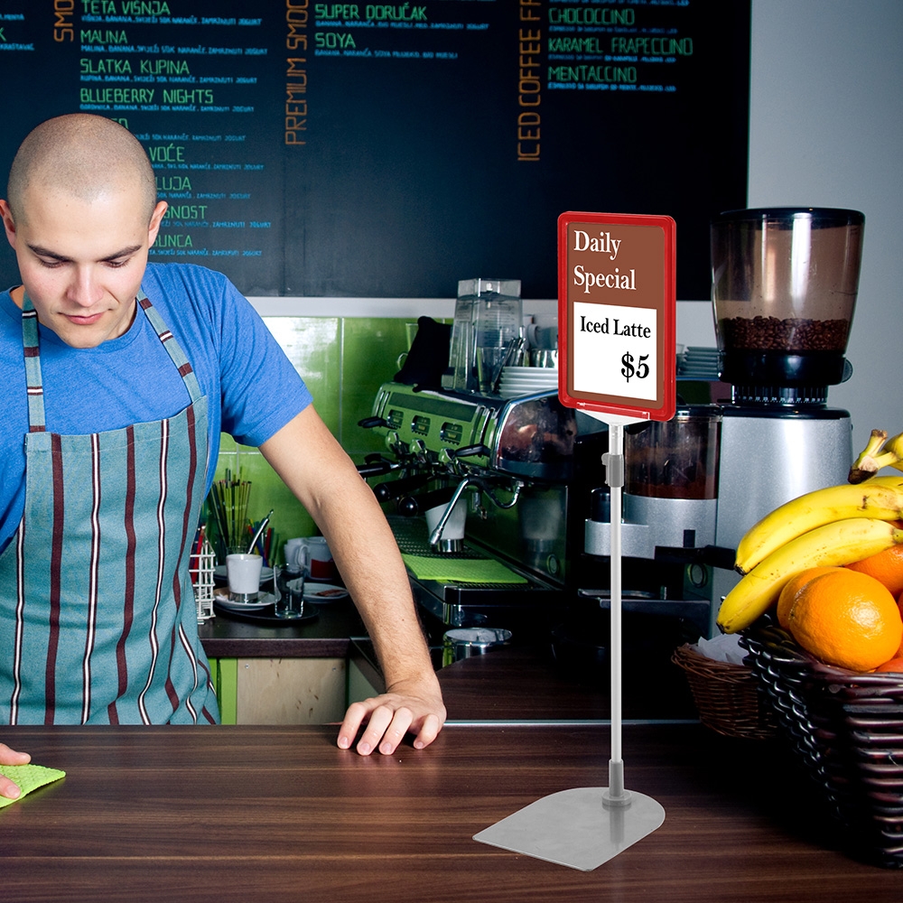 Adjustable Signage for Retail with A5 Red Frame and Metal Base