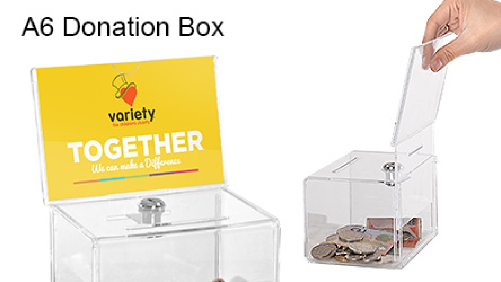 Donation Box with Lock – A6 Header - Ships Same Day ¦ Slimline Warehouse