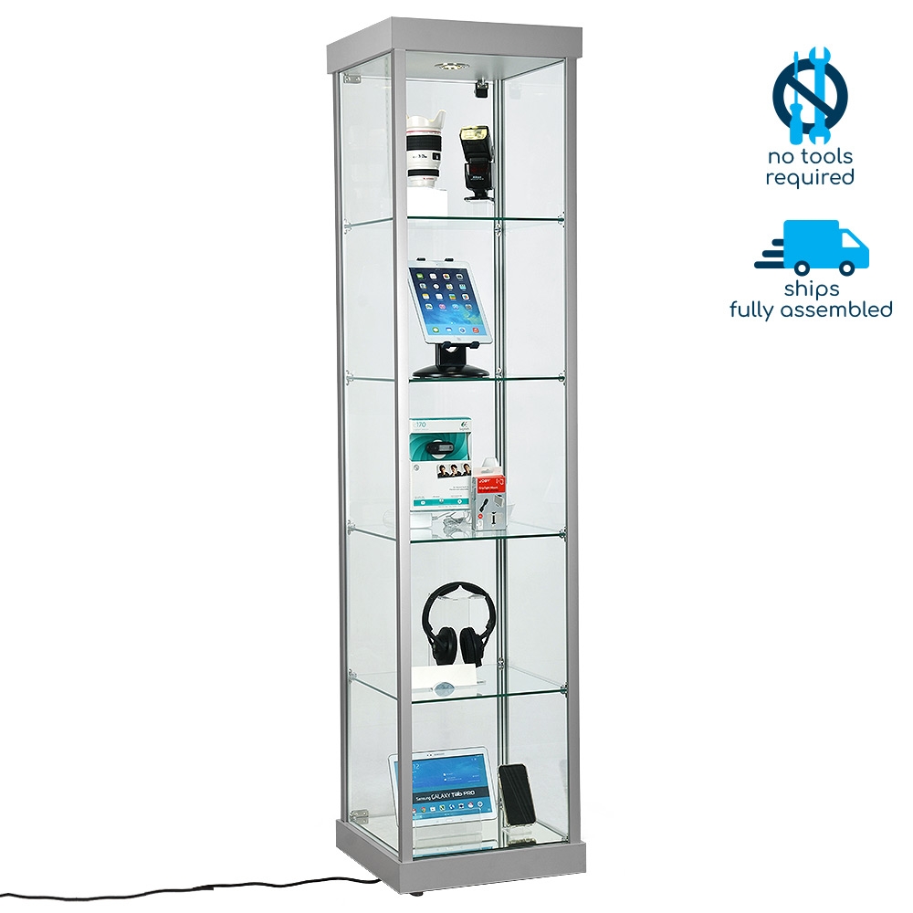 Tall Glass Showcase - Lockable w/5 tiers & Lights ¦ Slimline Warehouse