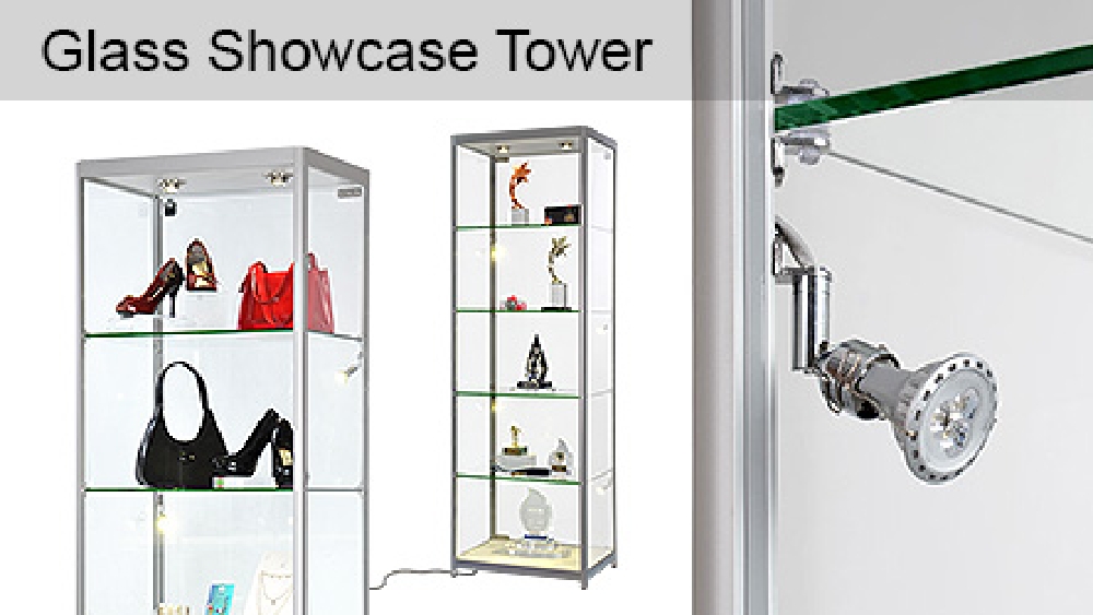 2m Glass Showcase Tower - 5 Tier w/Lights ¦ Slimline Warehouse