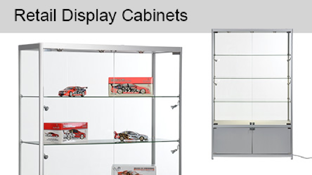 2m Retail Glass Display Cabinets w/Storage - 4 Tier - Lighted