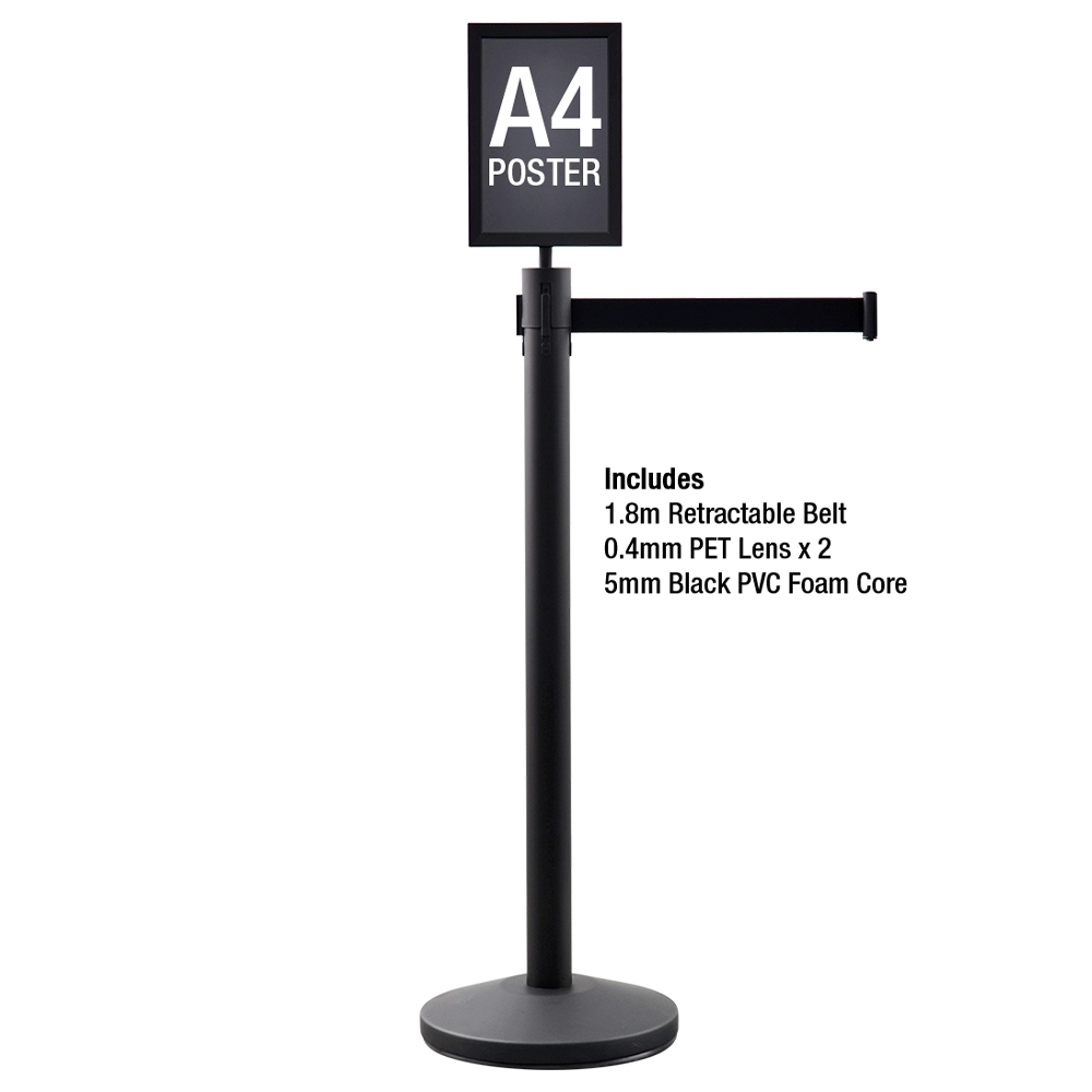 Retractable Barrier with A4 Sign Frame - Black. Buy Online