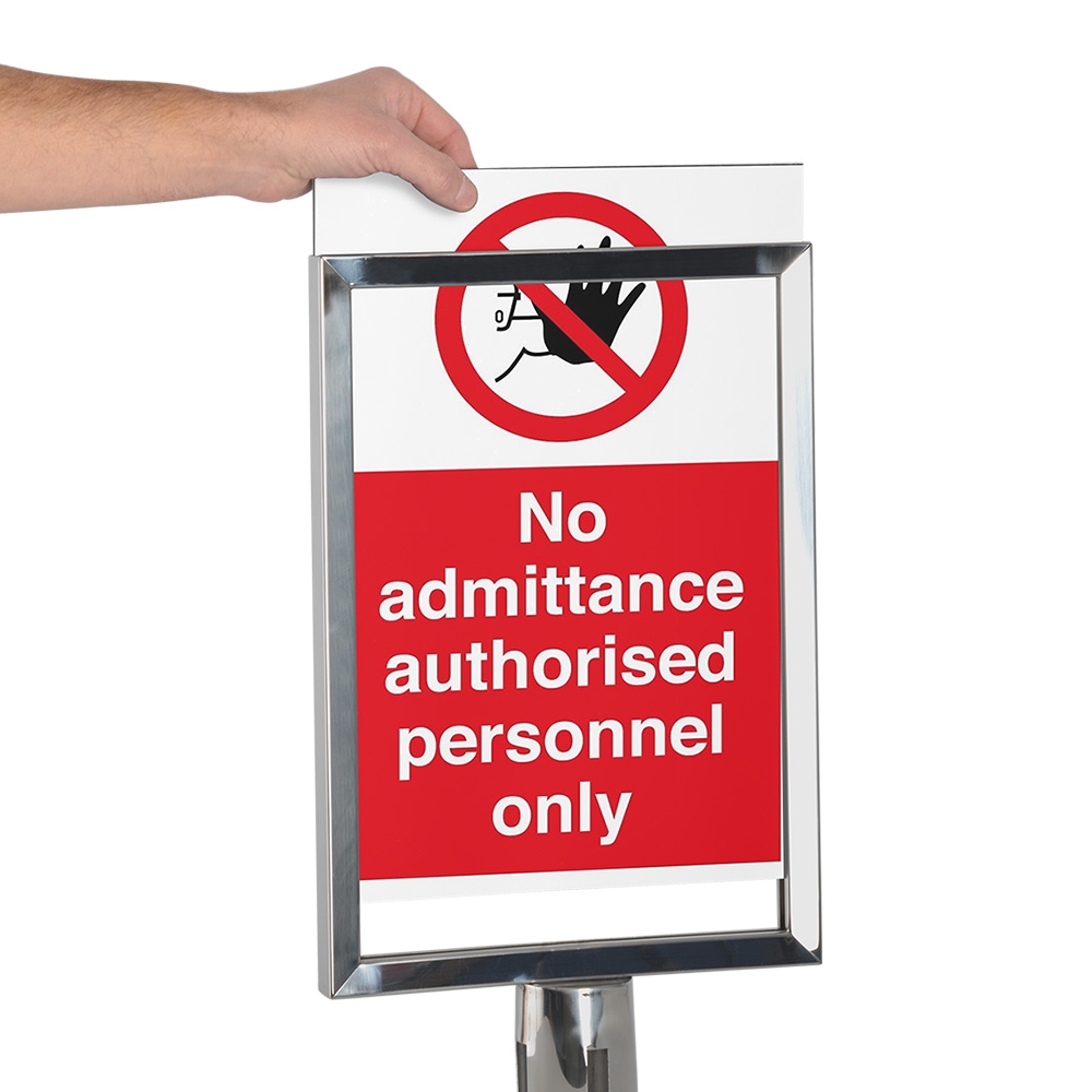 Retractable Barrier Sign Holders. A4 Size Silver Portrait Display