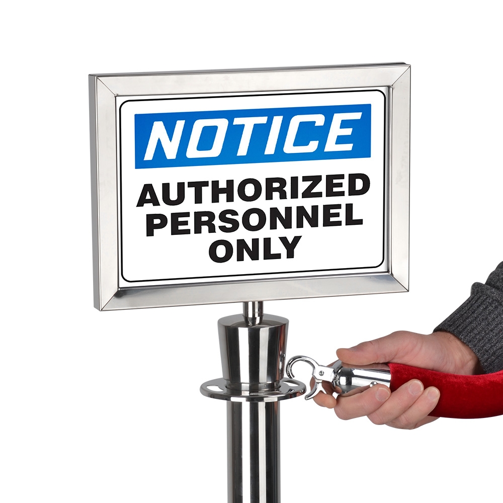 Rope Barrier Sign Holder - A4 Landscape Display. Polished Silver