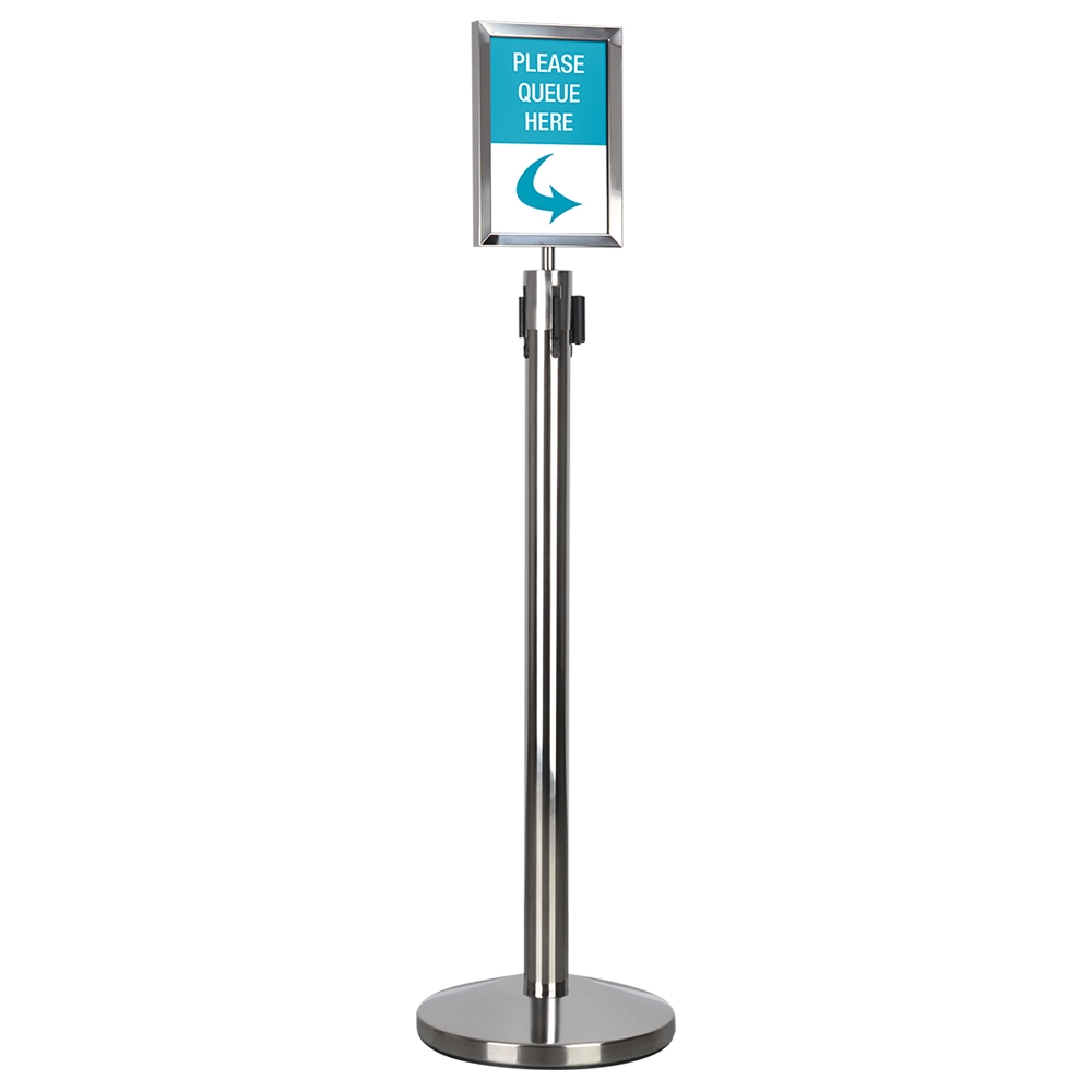 Retractable Barrier Post & Portrait Silver A4 Sign Holder