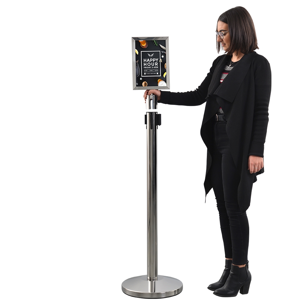 Retractable Barrier Post & Portrait Silver A4 Sign Holder