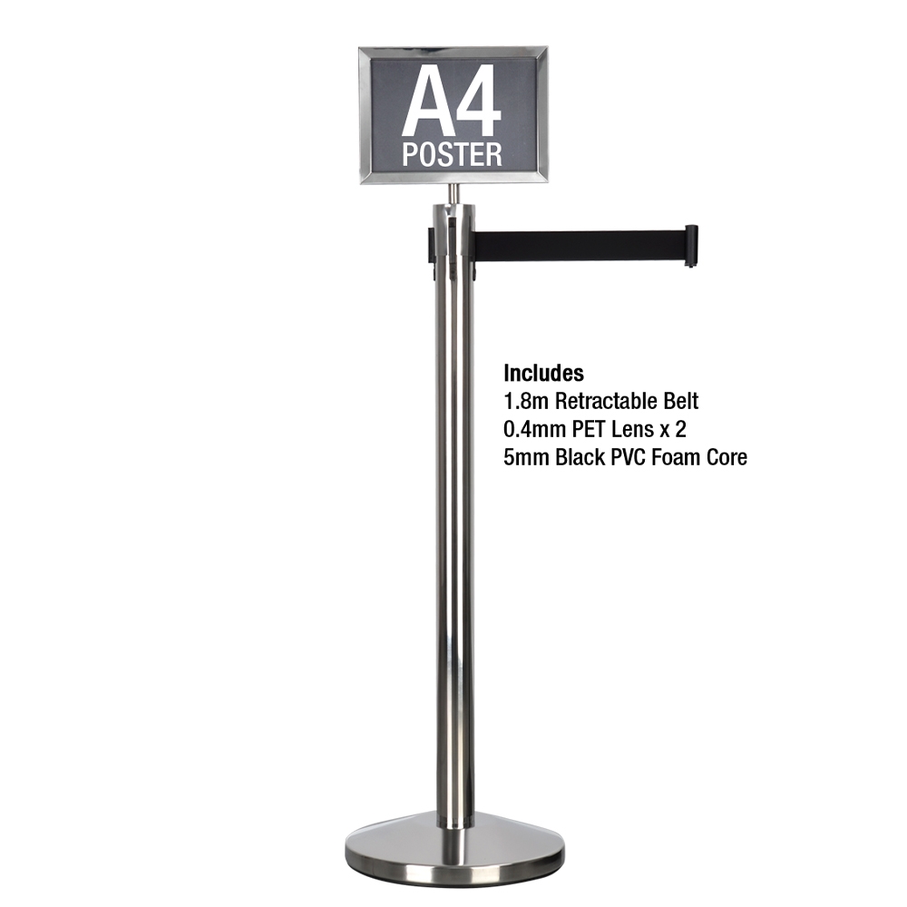 Retractable Barrier Post & Landscape Silver A4 Sign Holder