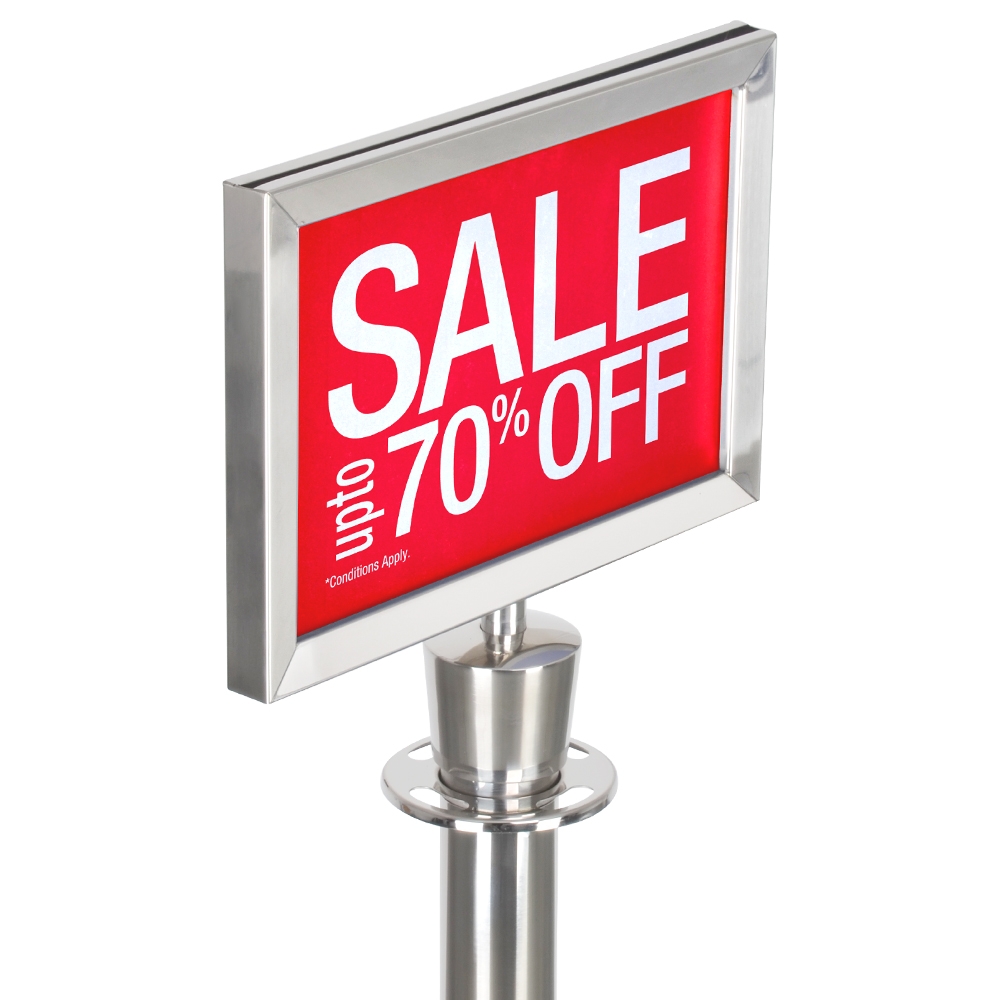 Barrier Post & A4 Sign Holder – Landscape format. Polished Silver