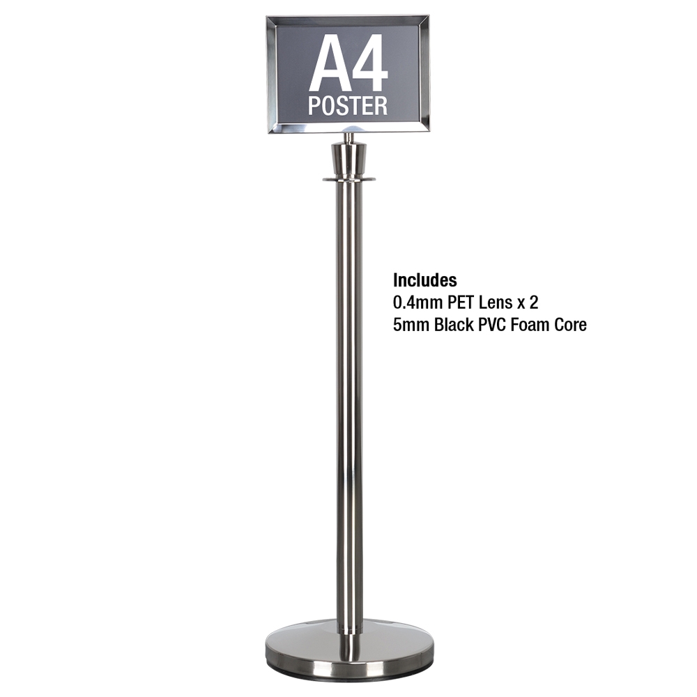 Barrier Post & A4 Sign Holder – Landscape format. Polished Silver