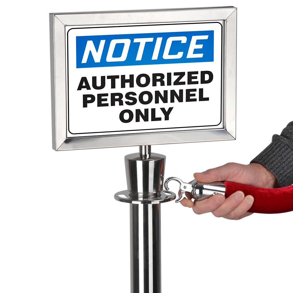 Barrier Post & A4 Sign Holder – Landscape format. Polished Silver