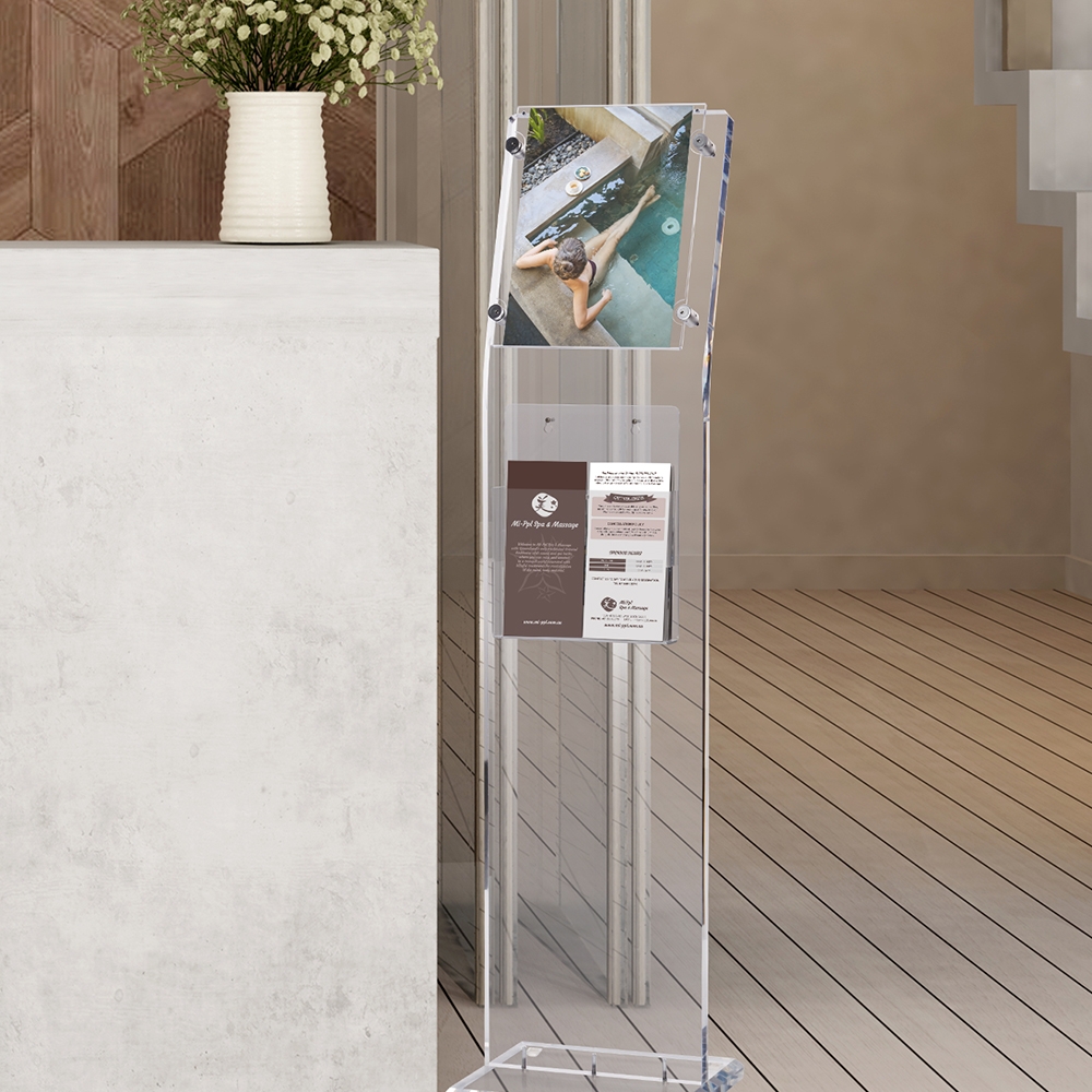 Lucite Display Stands - A4 w/ DL Brochure Pocket - Clear - Ships Same Day