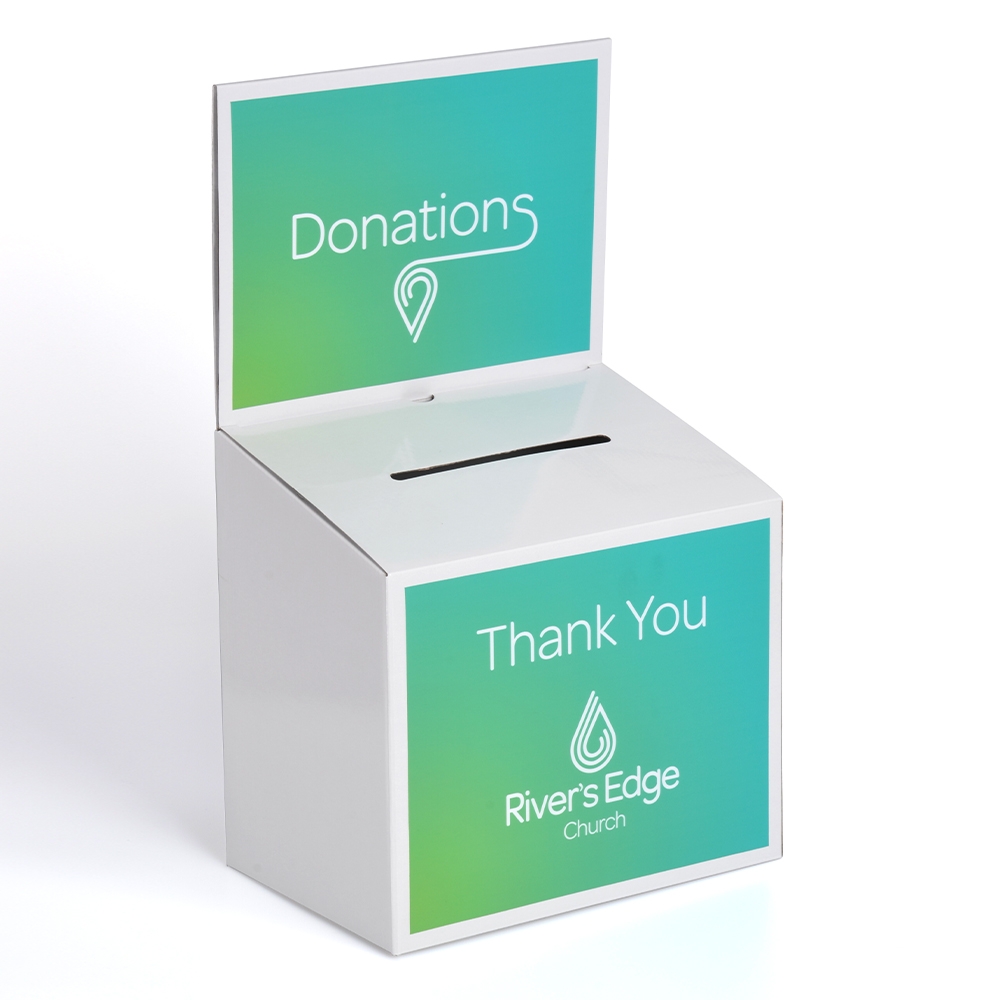 Custom Donation Boxes - Front & Header Graphics - White Cardboard