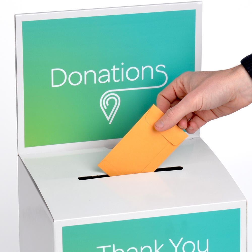 Custom Donation Boxes - Front & Header Graphics - White Cardboard