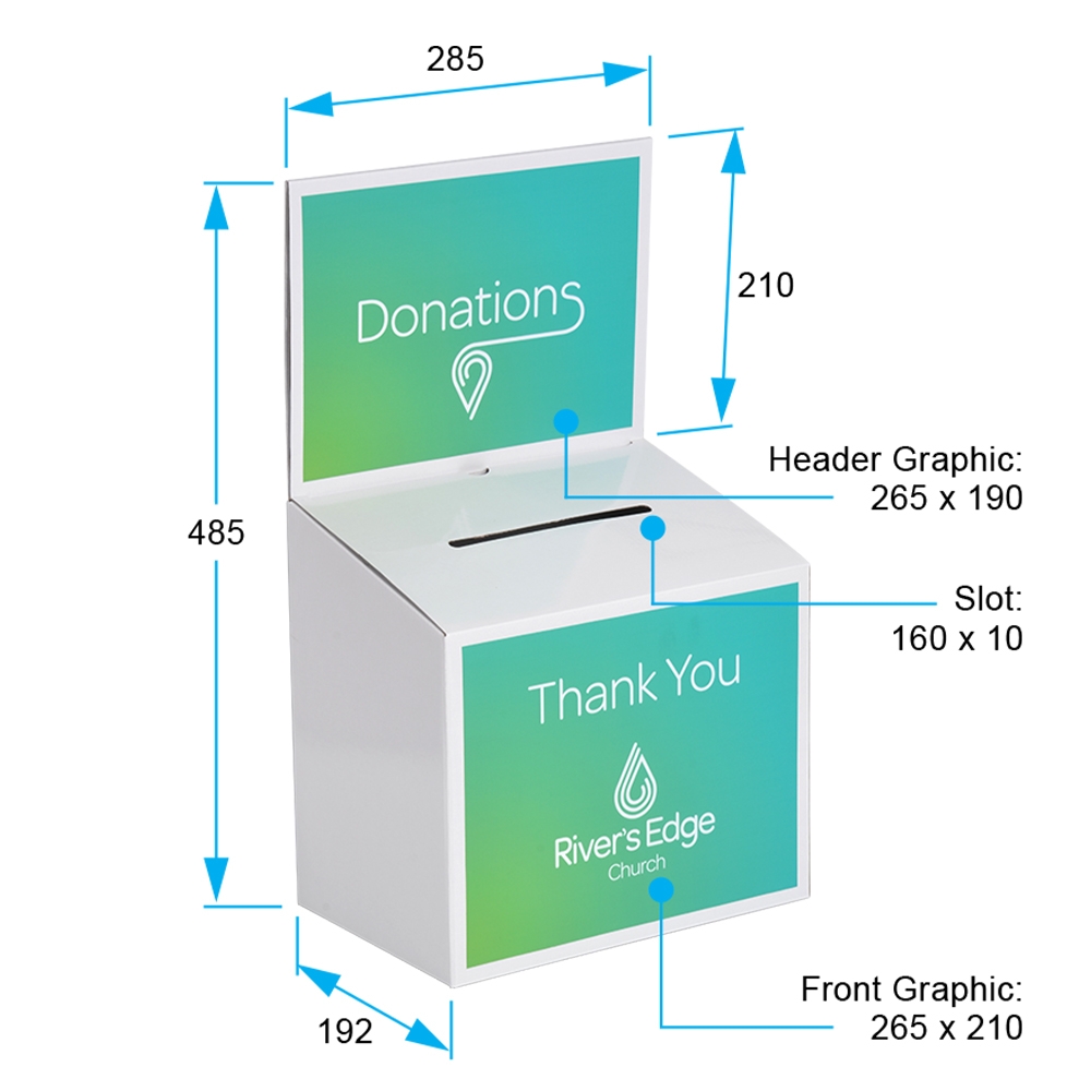 Custom Donation Boxes - Front & Header Graphics - White Cardboard