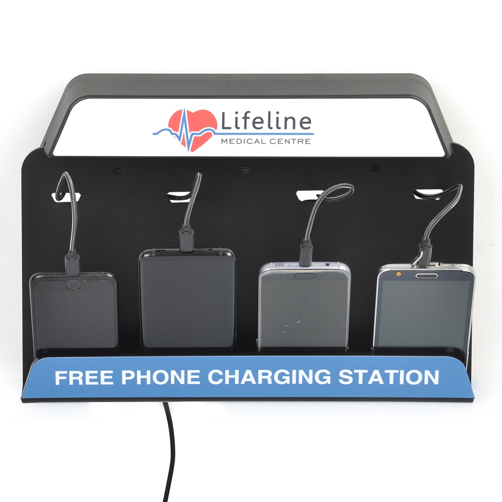 Phone Charging Station – Wall Mount w/ Lights – 4 Cable