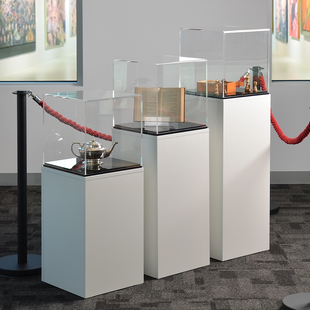 Museum Exhibit Cases - Acrylic Cube & White Plinth - Ships Same Day!