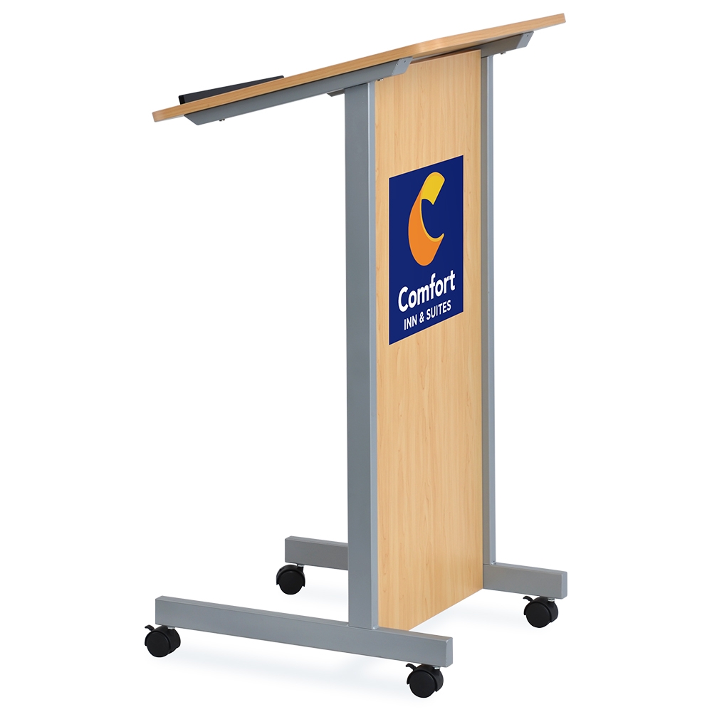 Wooden Podium on Wheels - Maple Finish w/Custom Printed Graphic