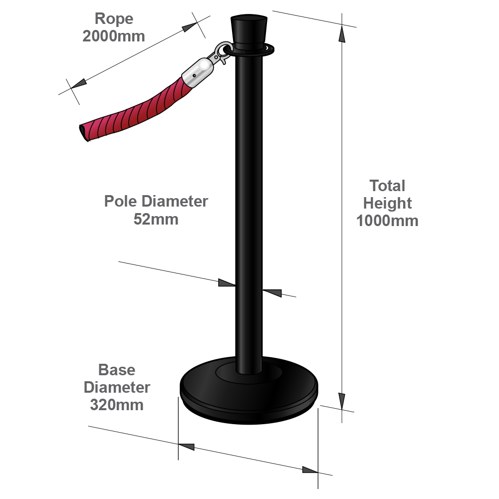 Rope Queue Barriers - Black Posts & 2m Red Rope - Ships Same Day!