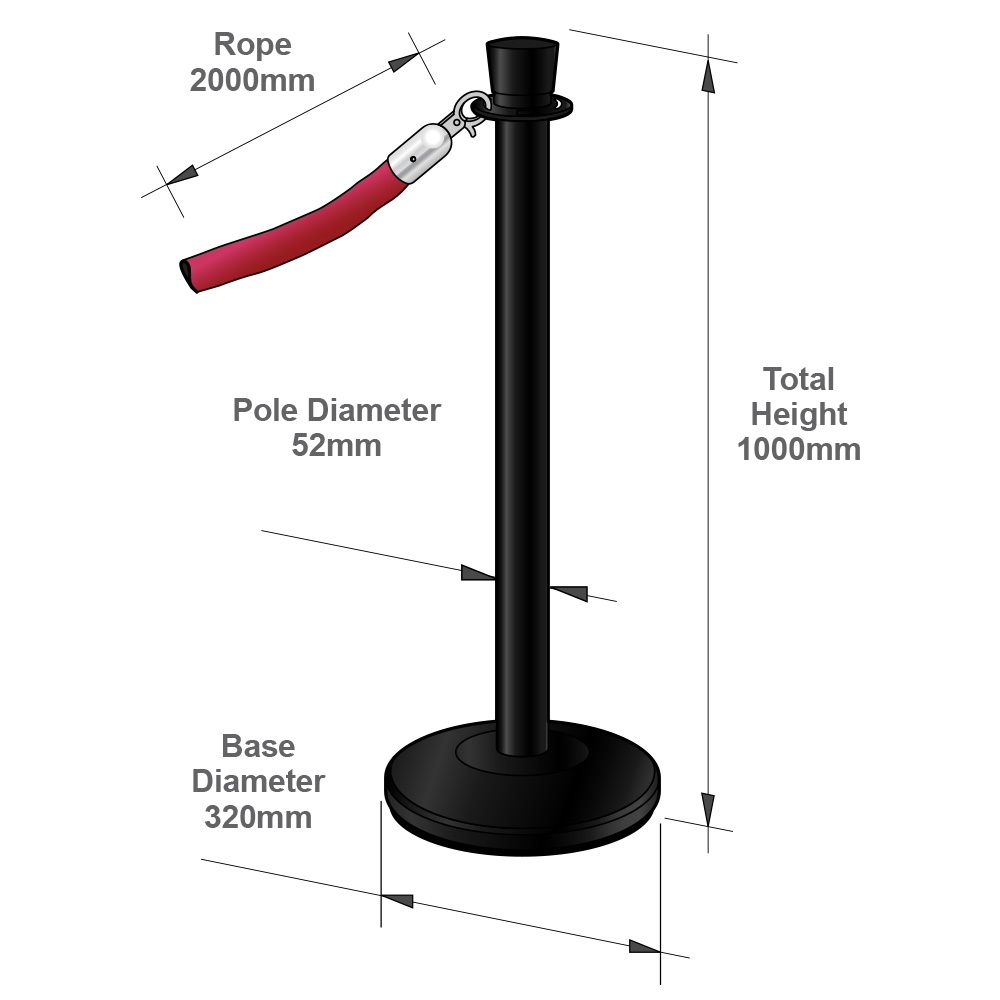 Queue Rope Barrier - 2x 1m Black Posts & 2m Red Rope - Ships Same Day