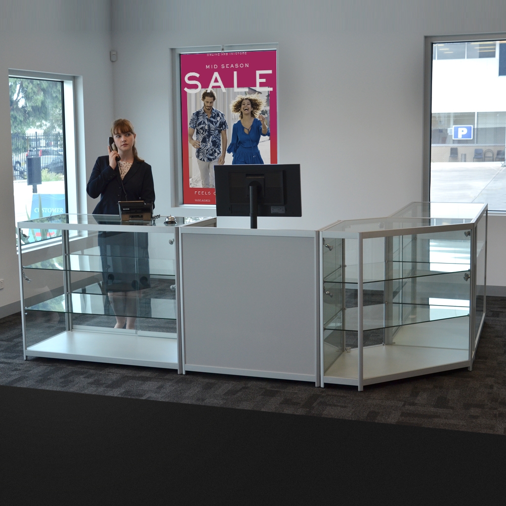 L Shaped Store Counter - Modular Glass Retail Counters - Locking