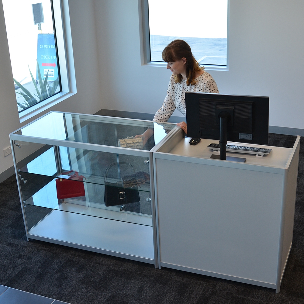 Cash Register Desk - Locking Glass Retail Counter w/ Cash Wrap Stand