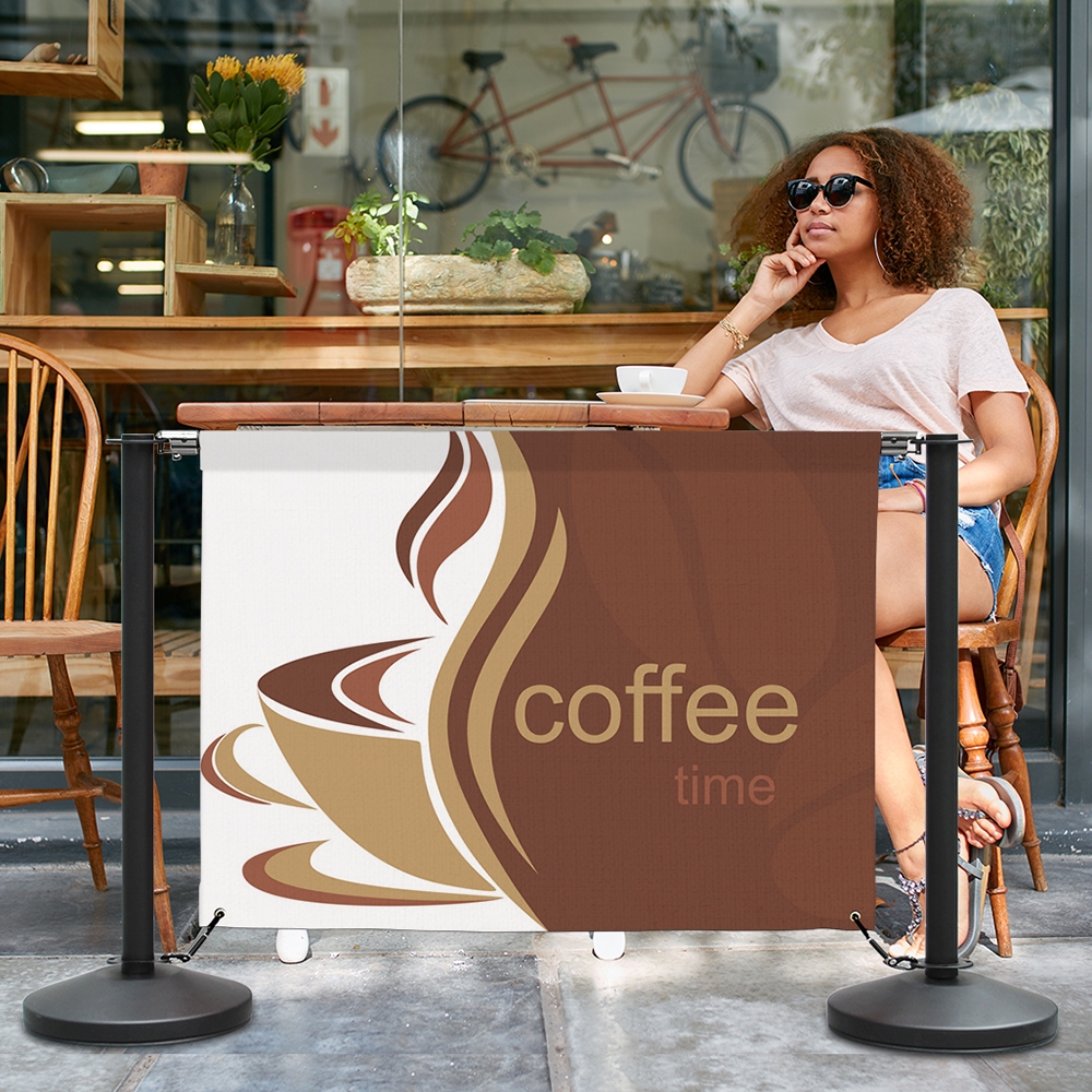 Cafe Screens – Kit with 2 Posts & Custom Printed Banner!