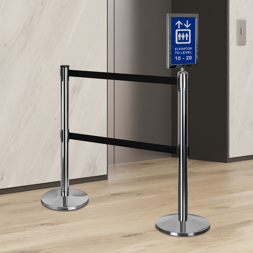 Double Belt Stanchions w/ A4 Sign Topper – Silver